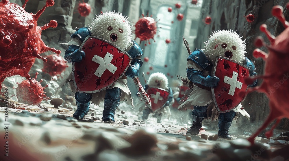 Brave white blood cells knight armor valiantly defend body evil ...