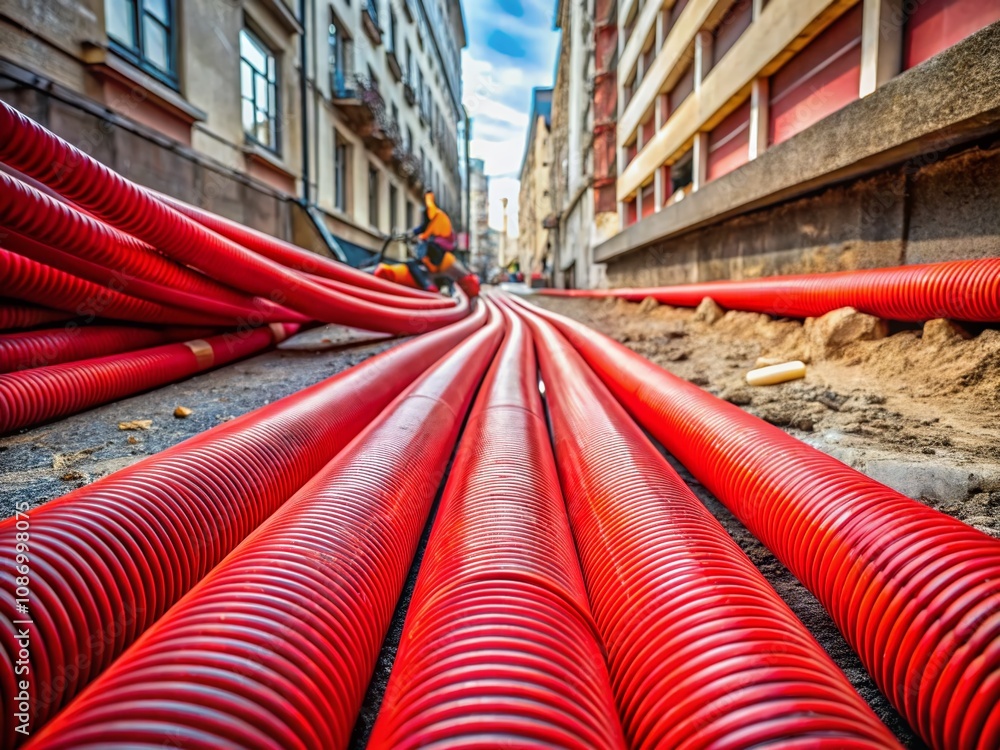 Network Cables Buried in Red Corrugated Pipe: Electric Infrastructure ...