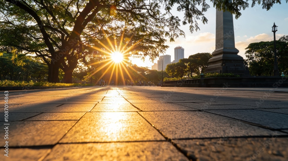 The Jose Rizal Monument at sunrise, with warm sunlight casting long ...