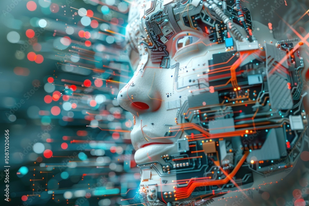 AI Artificial intelligence concept with a human face made up of ...
