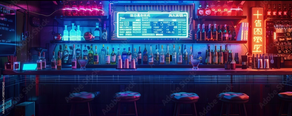 Cyberpunk bar with holographic menu and neon lights, 4K illustration ...