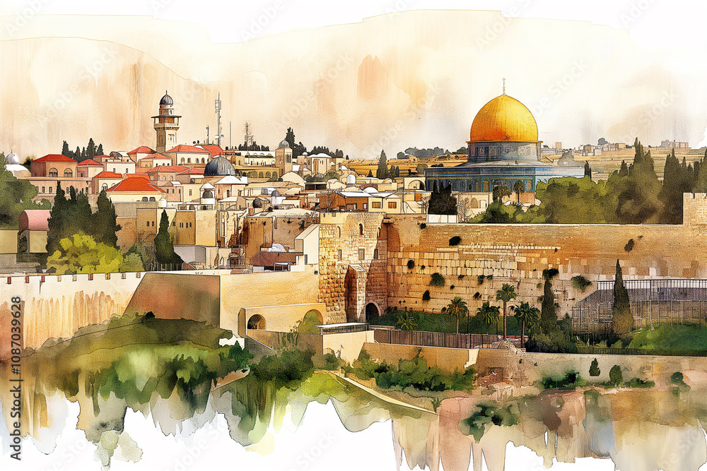 Watercolor illustration of Jerusalem cityscape, showcasing the historic ...