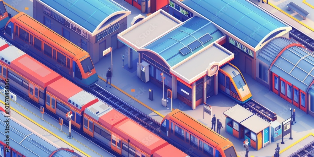 Train station with platforms, trains, and ticket counters, simple ...