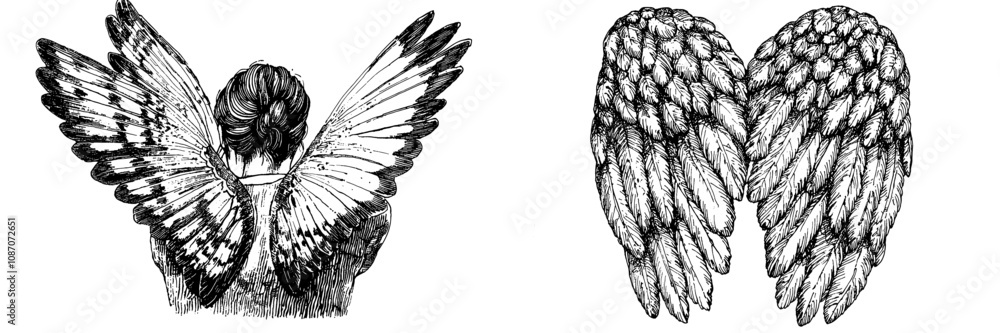 Inking of angel wings in engraving style. Hand drawing of fenders in ...