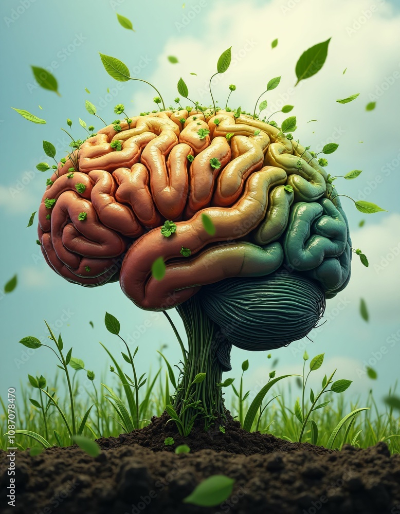 human brain,grass,soil,flying leaves,oxygen,veins,water,realistic ...