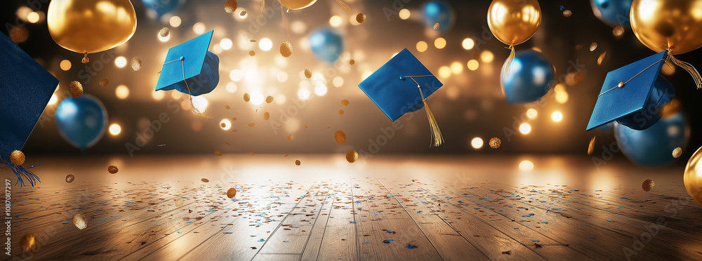 Ilustración de Stock An enchanting scene of blue graduation caps and ...