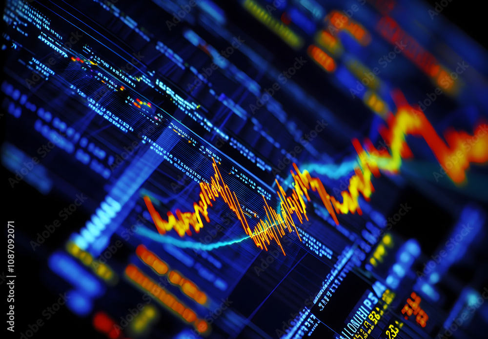 Digital display showing the data trend lines and trends in stock market ...