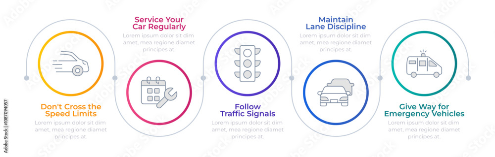 Driving safety rules infographic circles. Car maintenance, traffic ...