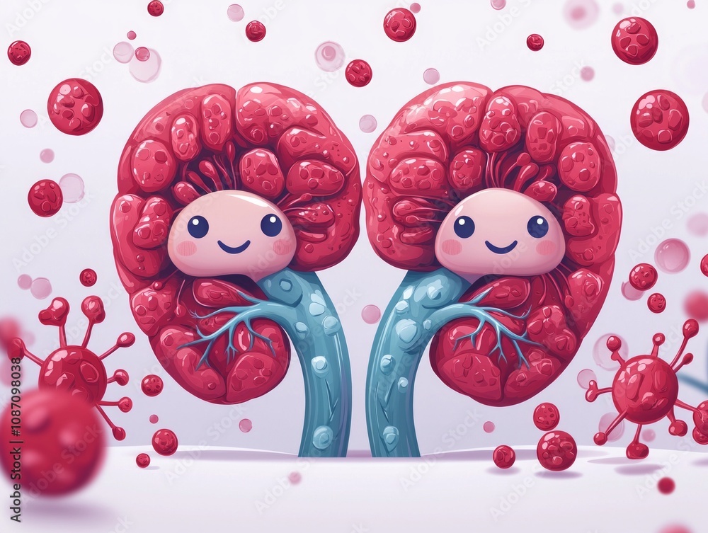 colorful illustration features happy kidneys animated faces filtering ...