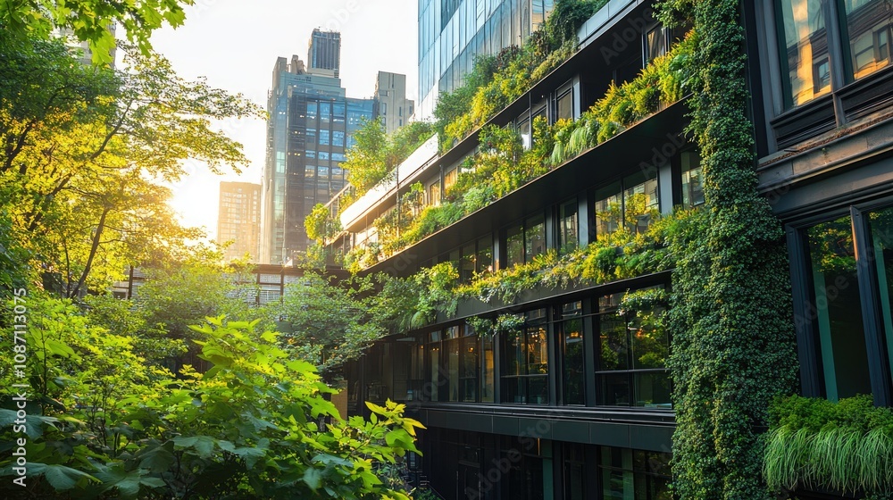 Sustainable office building enveloped by lush greenery, featuring ...