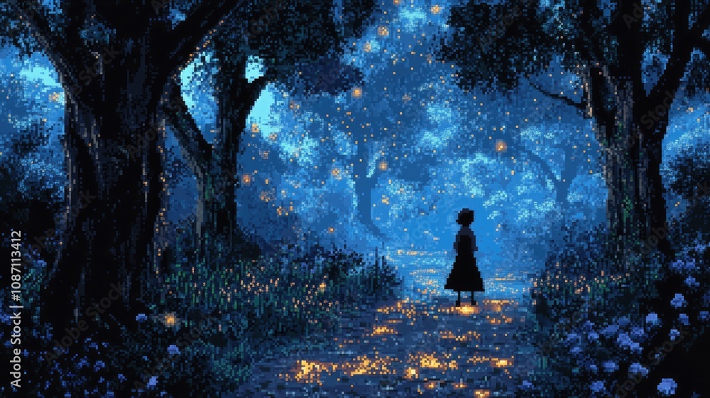 Ilustración de Stock 8-bit pixel art of a magical anime-style forest ...
