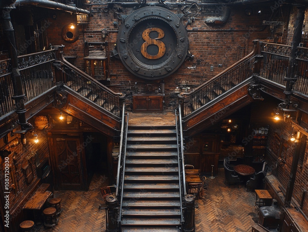 intricate side view steampunk staircase showcases its exposed gears and ...