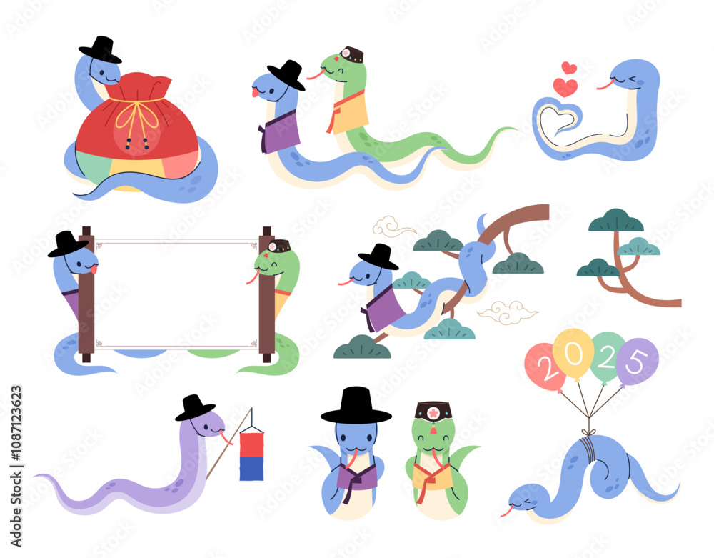 A collection of illustrations of snake characters for Korea's 2025 Year ...