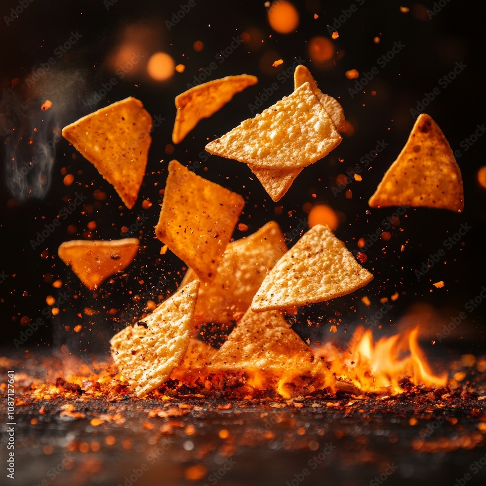 Doritos Cascade Amid Fiery Flames, Crunchy snack pieces tumbling ...