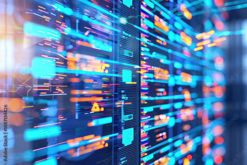 A close-up view of a server rack, filled with illuminated screens ...