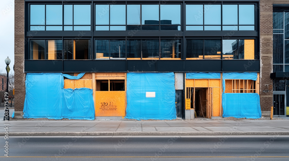 Urban building under renovation with blue tarps covering windows and ...