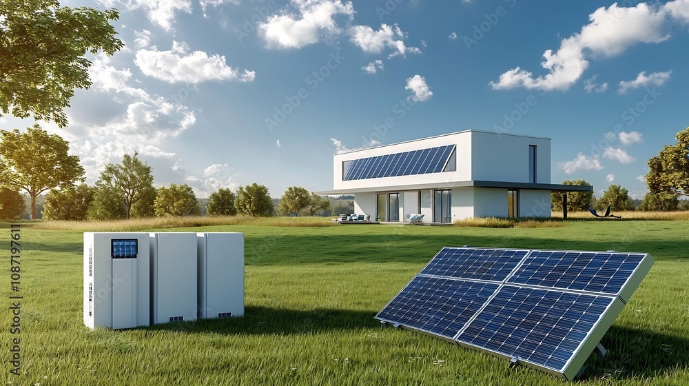 Expansive solar panel array powering a sleek contemporary home with a ...