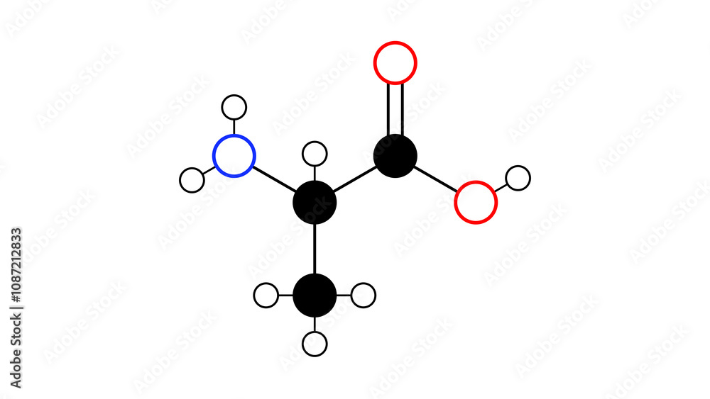 alanine molecule, structural chemical formula, ball-and-stick model ...