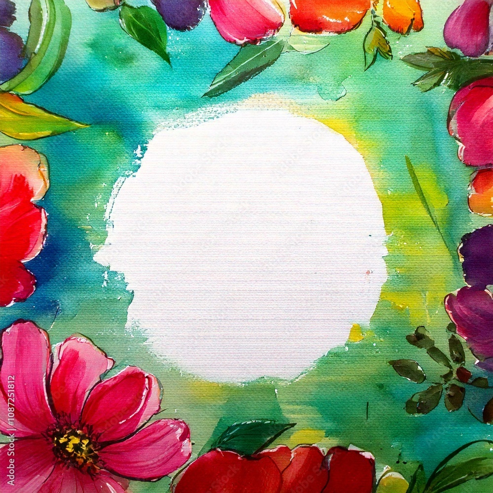 colorful drawing flower flora painting water color canvas middle blank ...