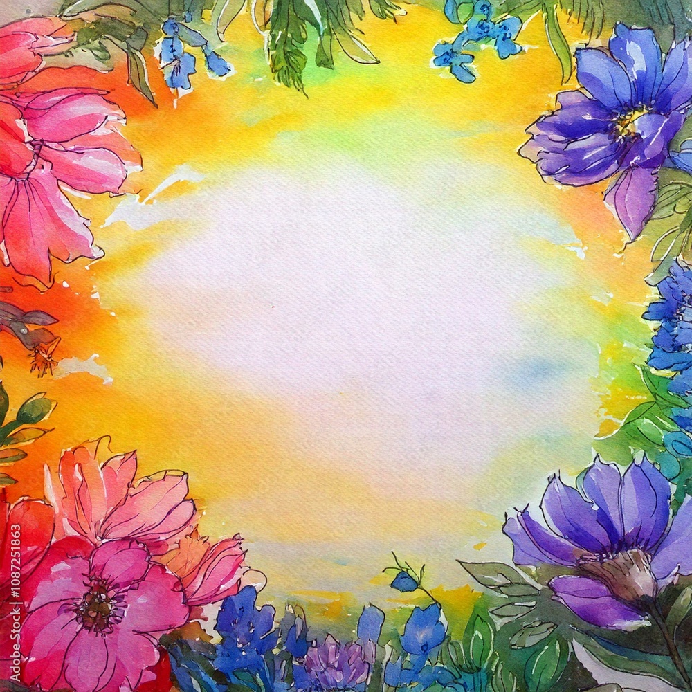 colorful drawing flower flora painting water color canvas middle blank ...