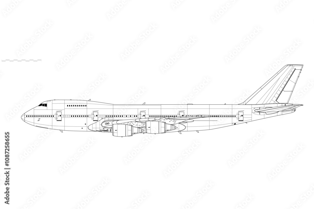 Boeing 747-200. Vector drawing of wide-body jet airliner. Side view. Image for illustration and ...