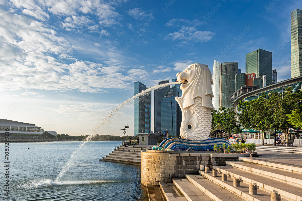 Singapore, February 03, 2024: Merlion statue fountain at Merlion Park ...