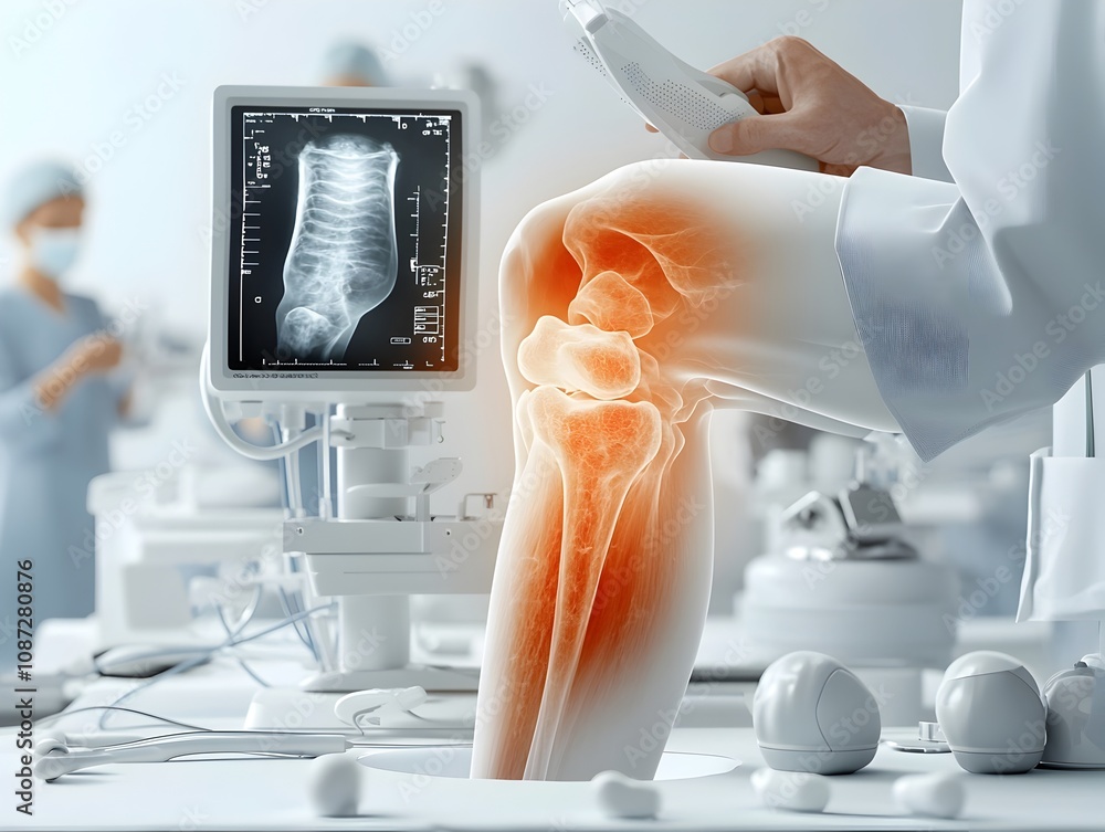 Doctor conducting ultrasound examination of patient s knee joint ...
