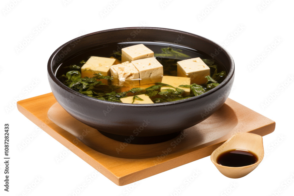 Miso soup in a traditional Japanese bowl with tofu cubes and seaweed ...
