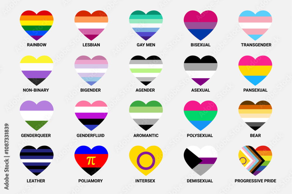 LGBT sexual identity pride hearts collection. Rainbow lesbian gay bisexual transgender non ...