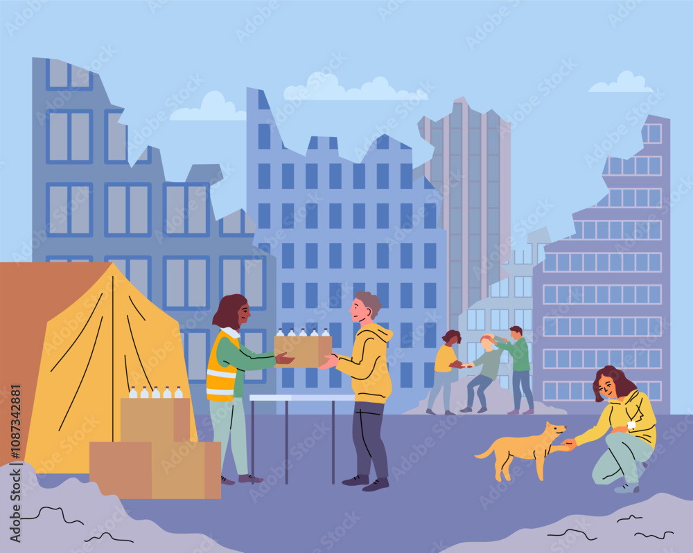 Cartoon Color Characters Volunteers Helping People after House ...