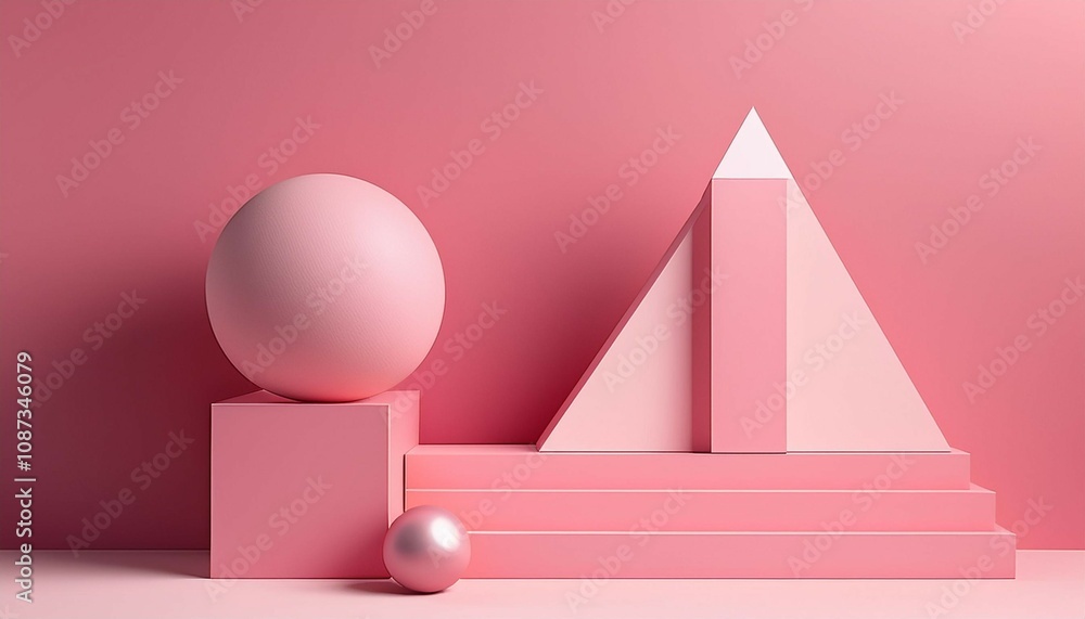 pink and white geometric shapes a sphere on top of a cube on the left ...