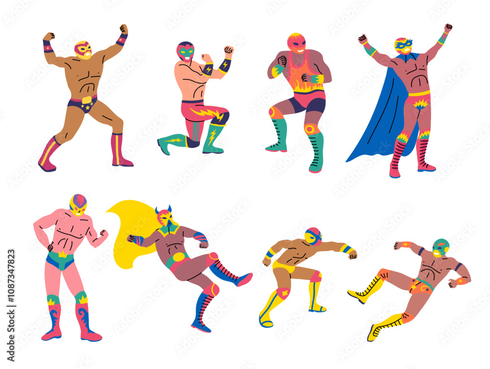 Cartoon Color Characters People Mexican Wrestlers Martial Art Concept ...