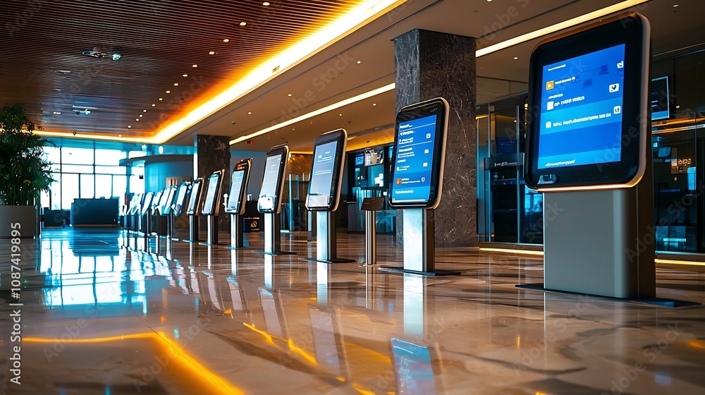 Futuristic security checkpoint featuring biometric and digital identity verification scanners ...