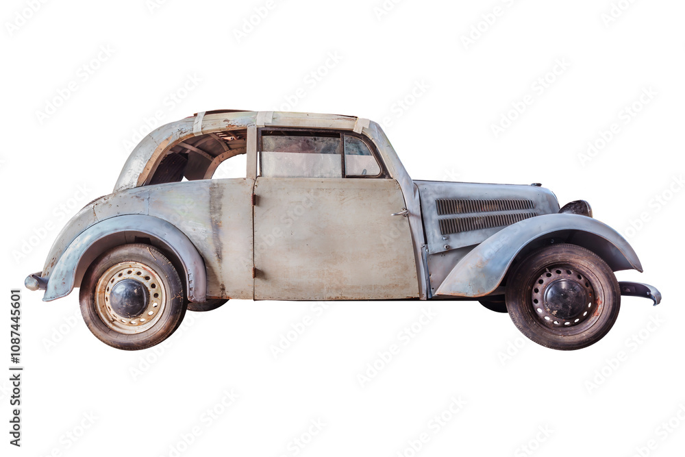 Barnfind of a wrecked oldtimer car with broken wooden parts Stock Photo ...
