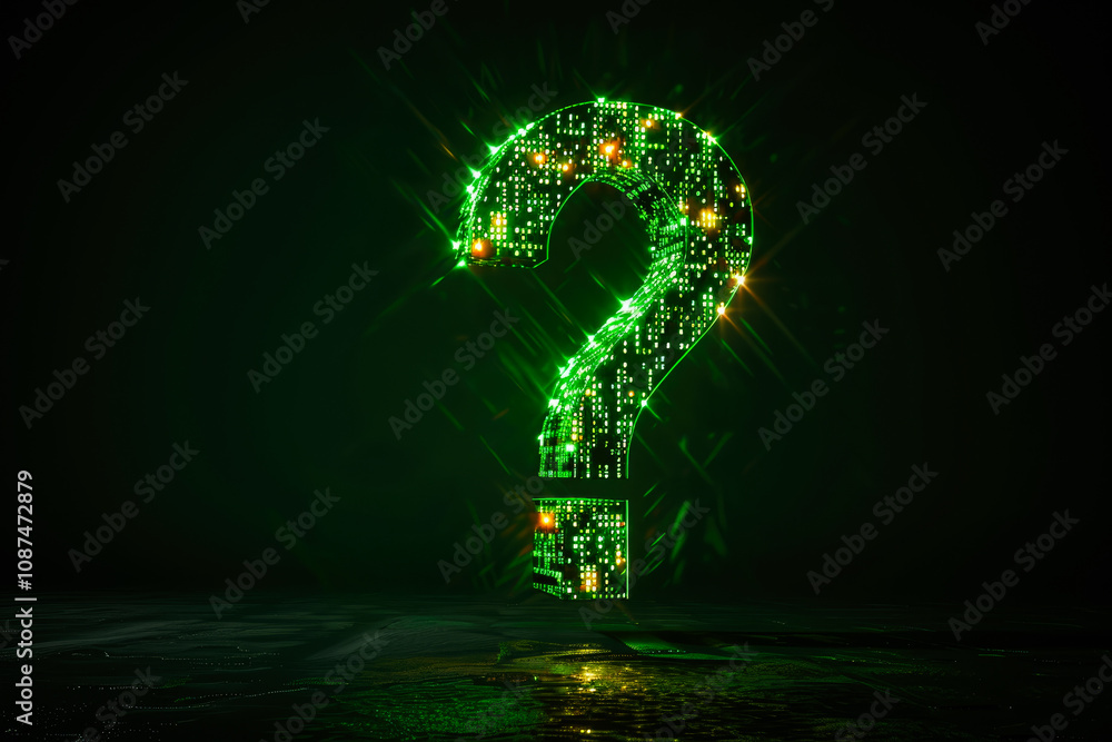 A green lit-up question mark with a matrix-style design on a dark ...