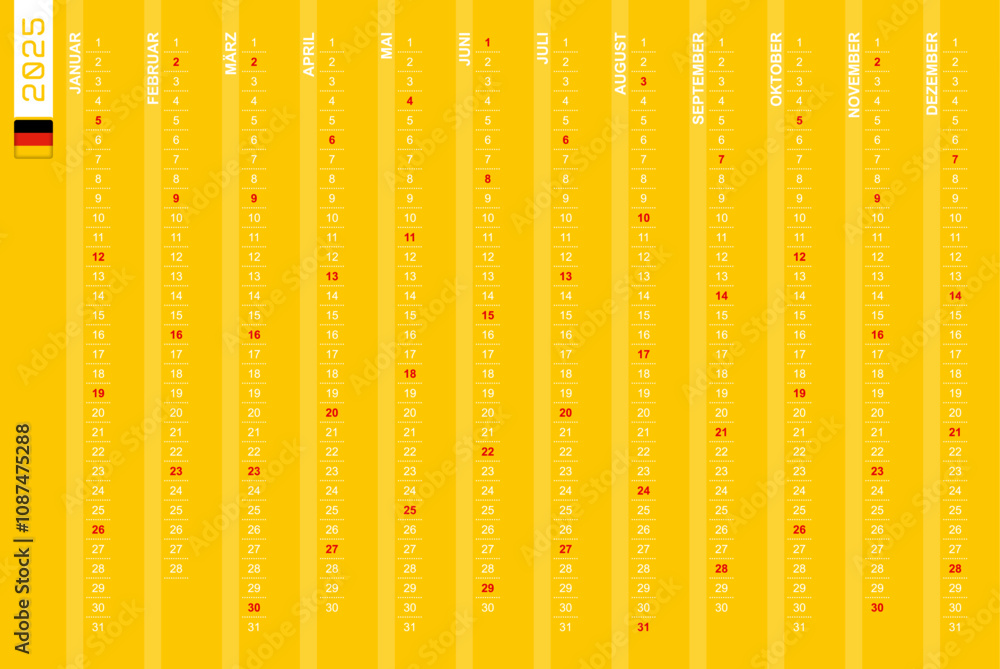 One-row vertical calendar for the year 2025 in German. German calendar ...