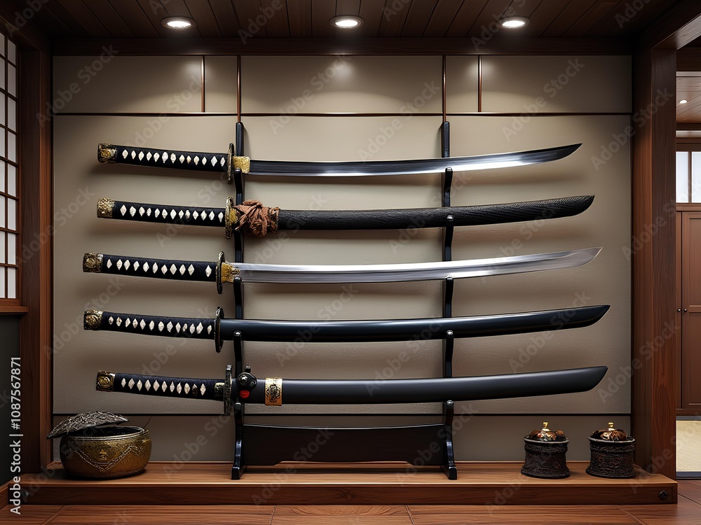 Japanese samurai sword display in a traditional Japanese house, part of ...