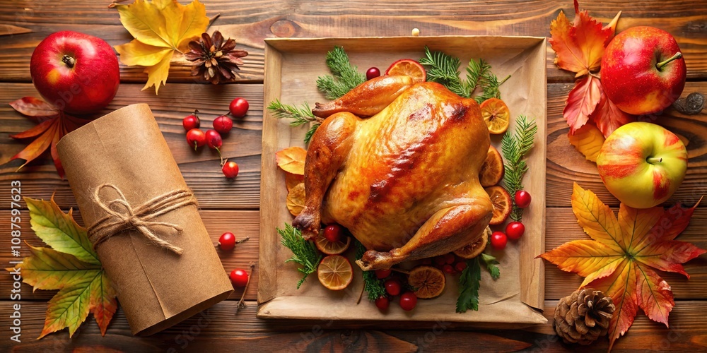 Minimalist Thanksgiving Feast - Roasted Turkey, Apples, Autumn Leaves ...