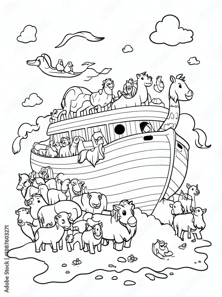 Noahs ark coloring page: black and white sketch, kids style, white ...