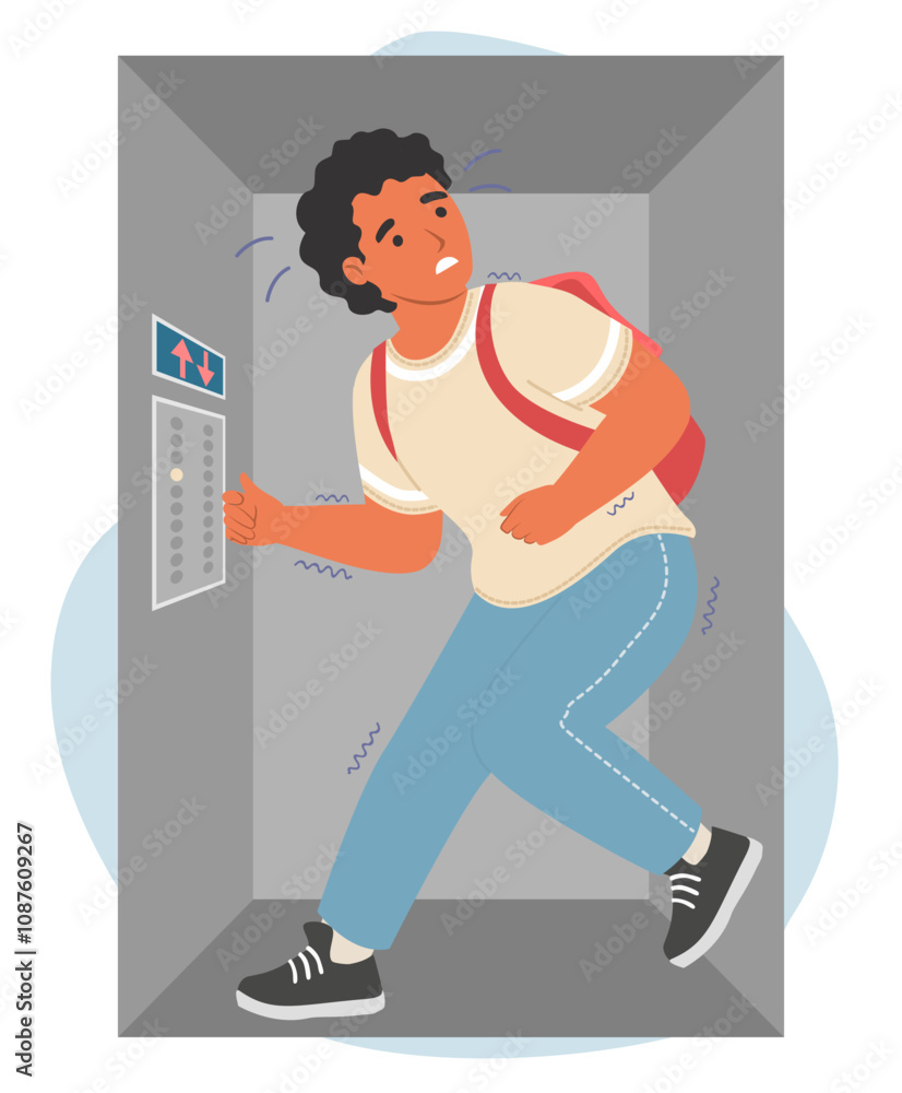 Boy student feeling fear and panic attack while lifting on elevator ...