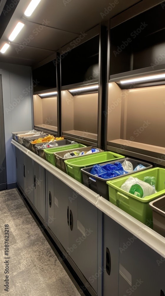 Recycling station has sorted bins for waste types, promoting eco ...