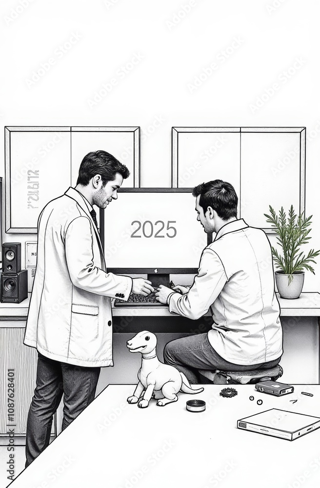 Researchers in the office making programs on a computer, 2025 Stock ...