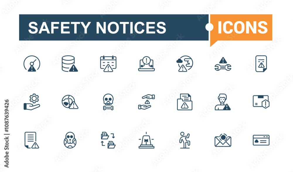 Safety Notices icons in linear style. Featuring warning, attention ...