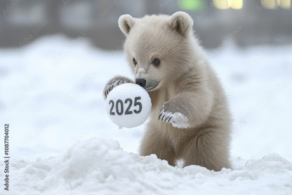 Polar bear cub playing with a "2025" snowball in the Arctic tundra ...
