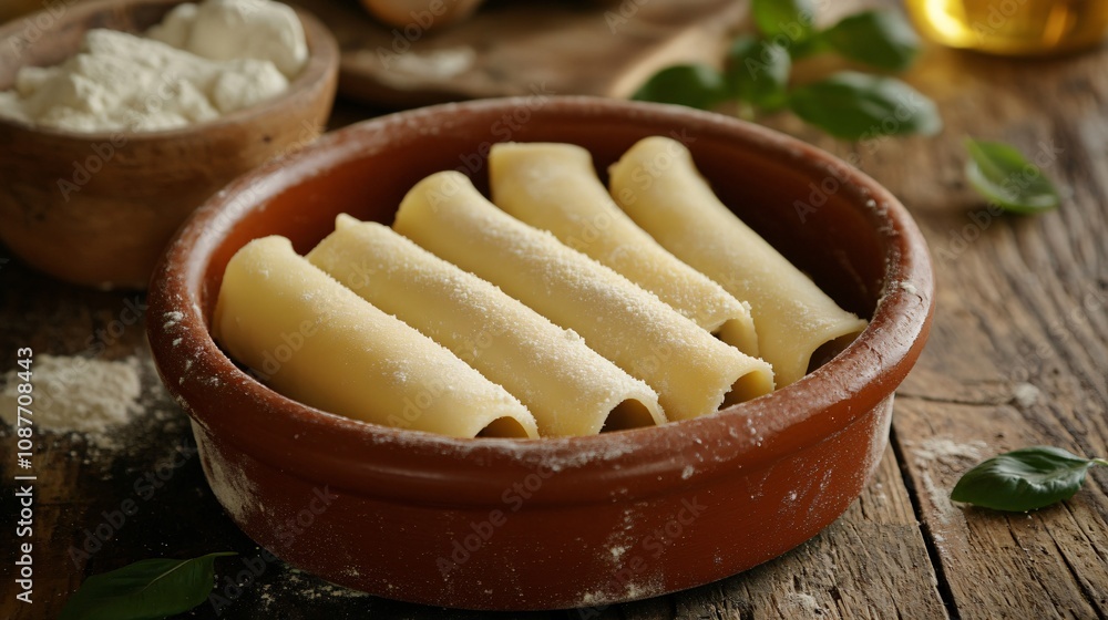 Cannelloni tubes with ricotta filling being baked, isolated in a rustic ...