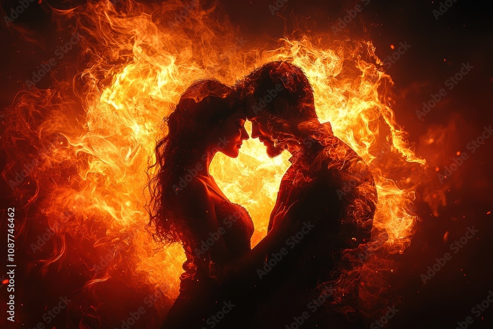 Passionate couple embraced in fiery love with dark background Stock ...
