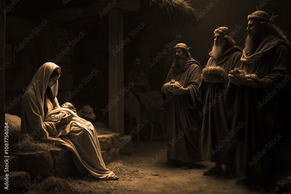 Adoration of the Shepherds - Nativity. Biblical scene. Holy Family ...