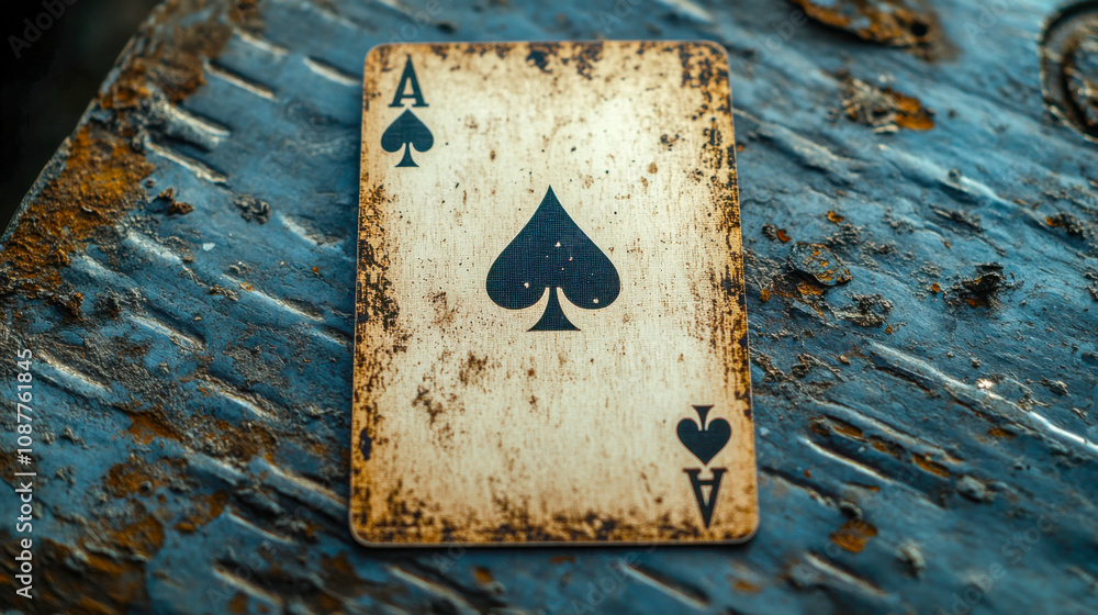 Vintage ace of spades playing card on rustic blue wooden surface ...