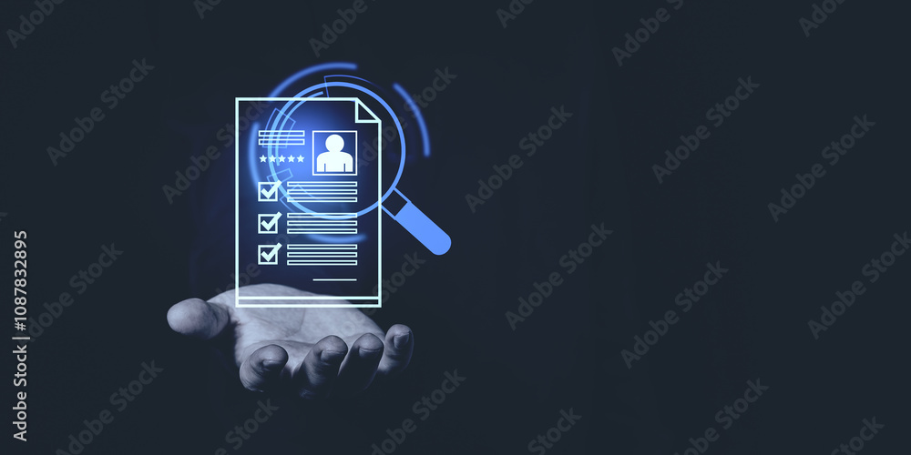 Digital hand holding a glowing resume document with a magnifying glass ...