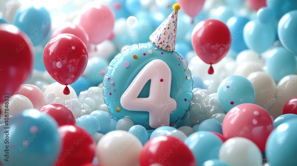A blue balloon shaped like the number 4 with a party hat floating in a ...
